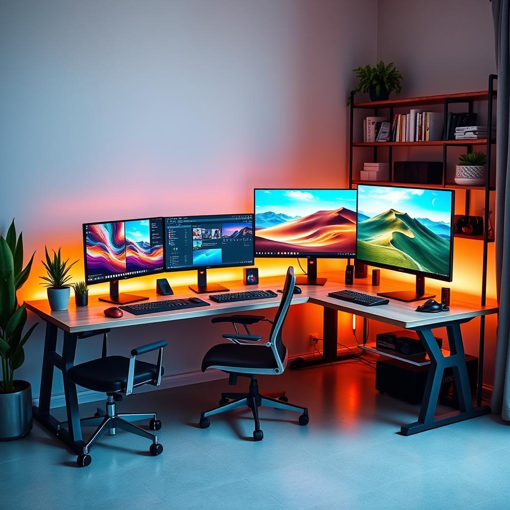 Futuristic L-Shaped Desk Setup with 5 Monitors
