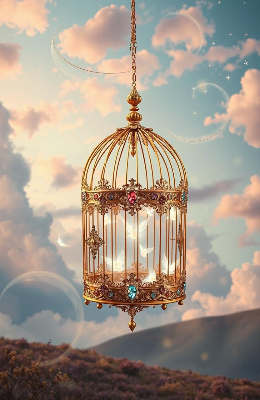 Explore a Surreal Gilded Cage in a Dreamlike Landscape