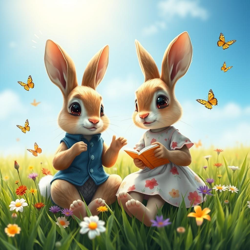 Whimsical Wonders: Talking Rabbits in a Lush Meadow