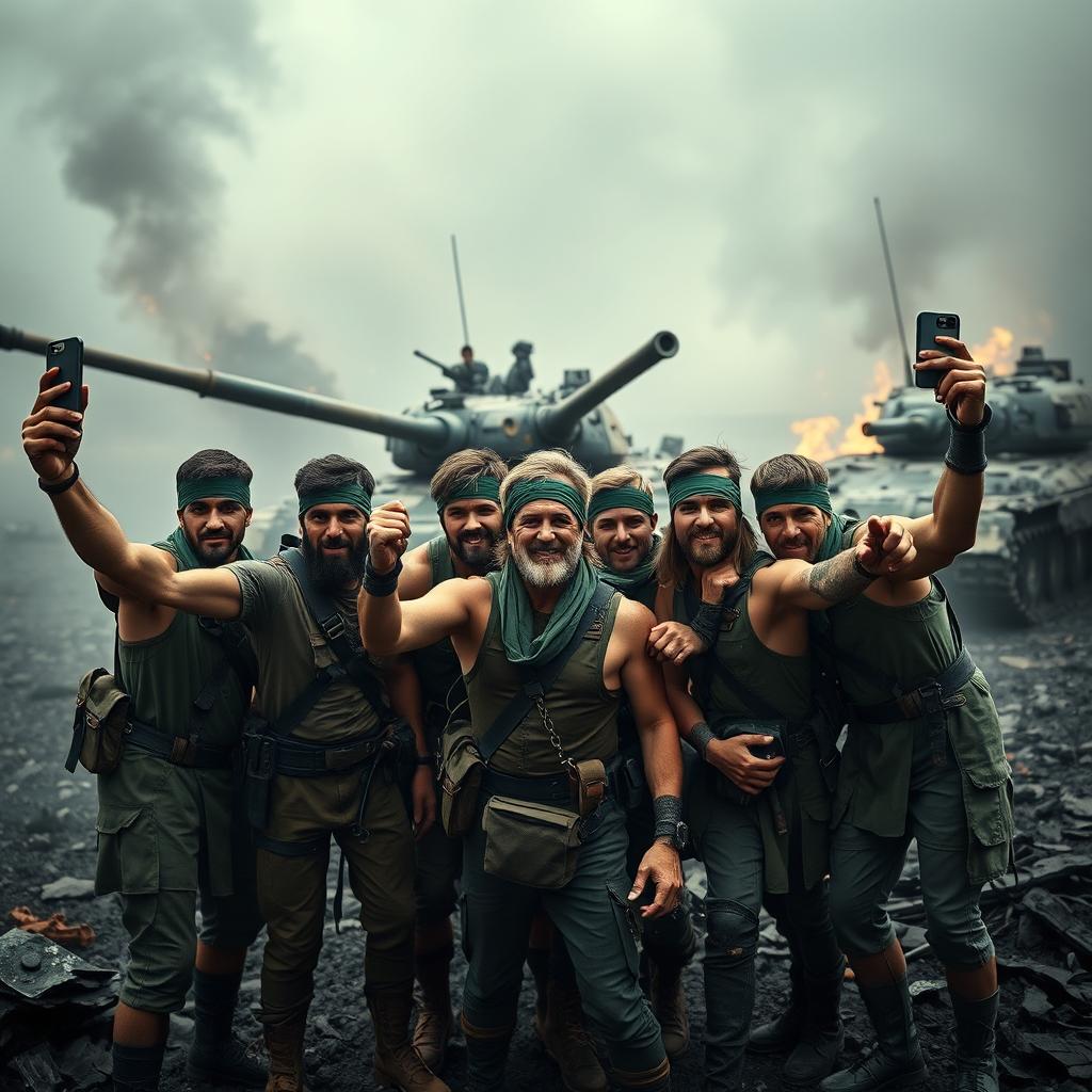 Triumphant Resistance: Epic Fighters in War-torn Landscape