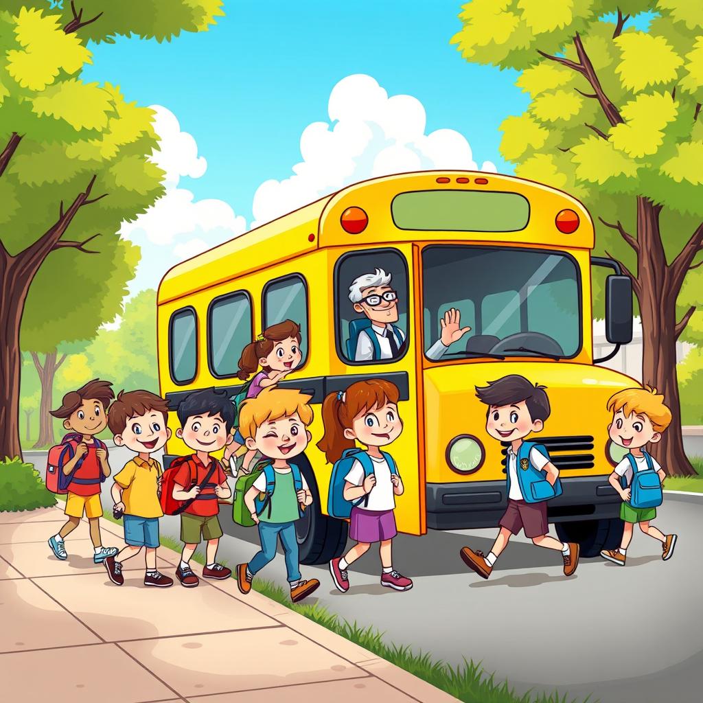 Joyful Departure: Kids Boarding the Yellow School Bus