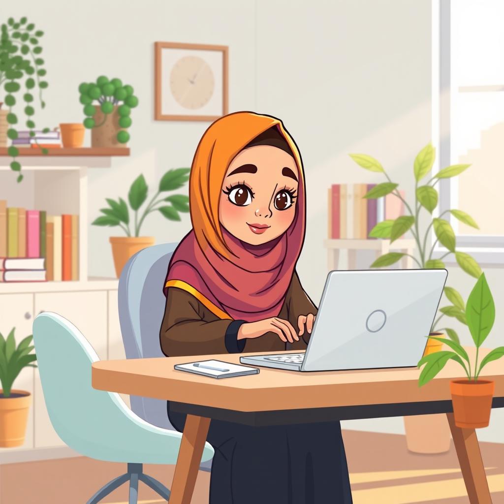 Modern Hijabi Girl Typing at Desk - Vibrant Cartoon Illustration