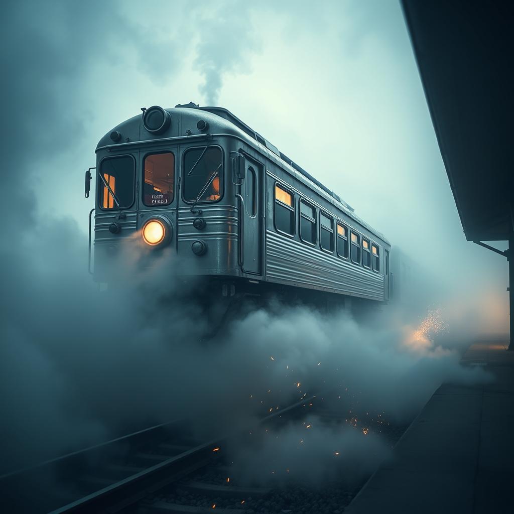 Mystical Journey: Vintage Metallic Train in Fog