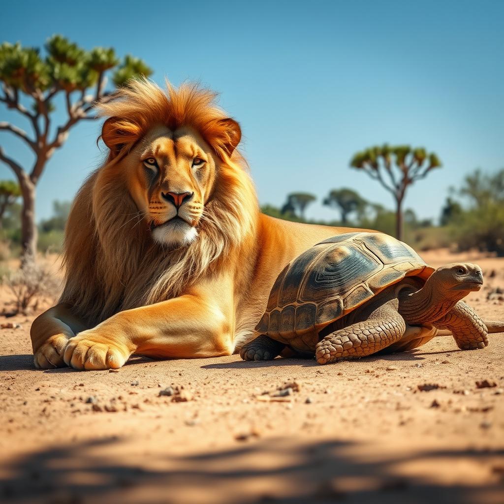 Majestic Moments: Lion & Tortoise in the Savanna