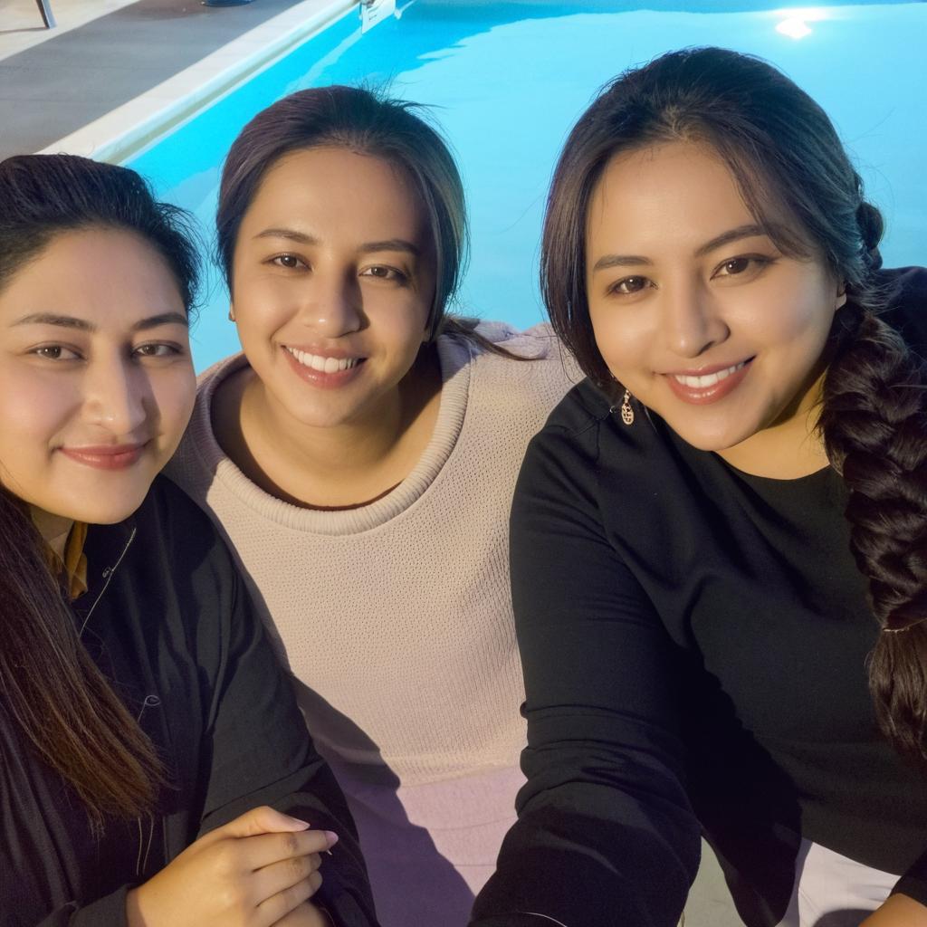 Sunny Poolside Fun: Three Friends Enjoying Summer Together