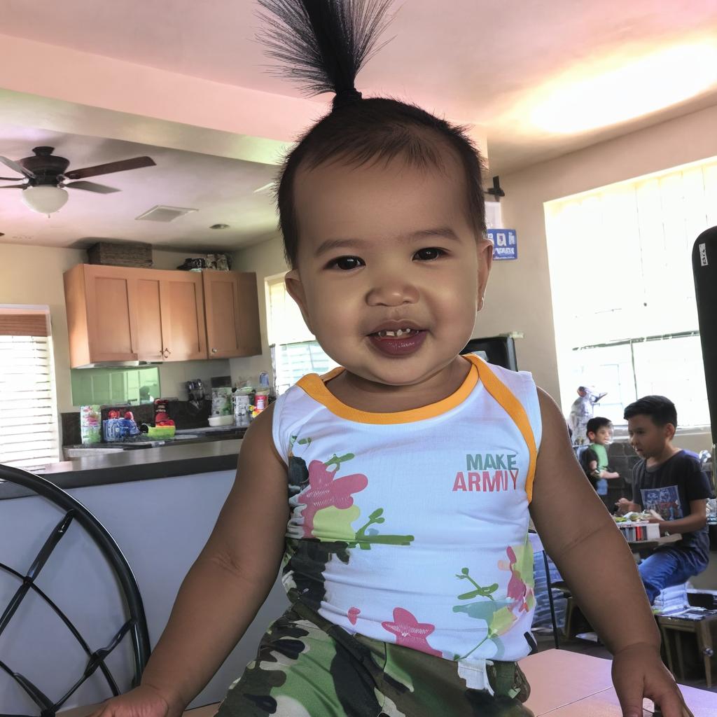 Adorable Army-Themed Baby Outfit in a Cozy Living Room