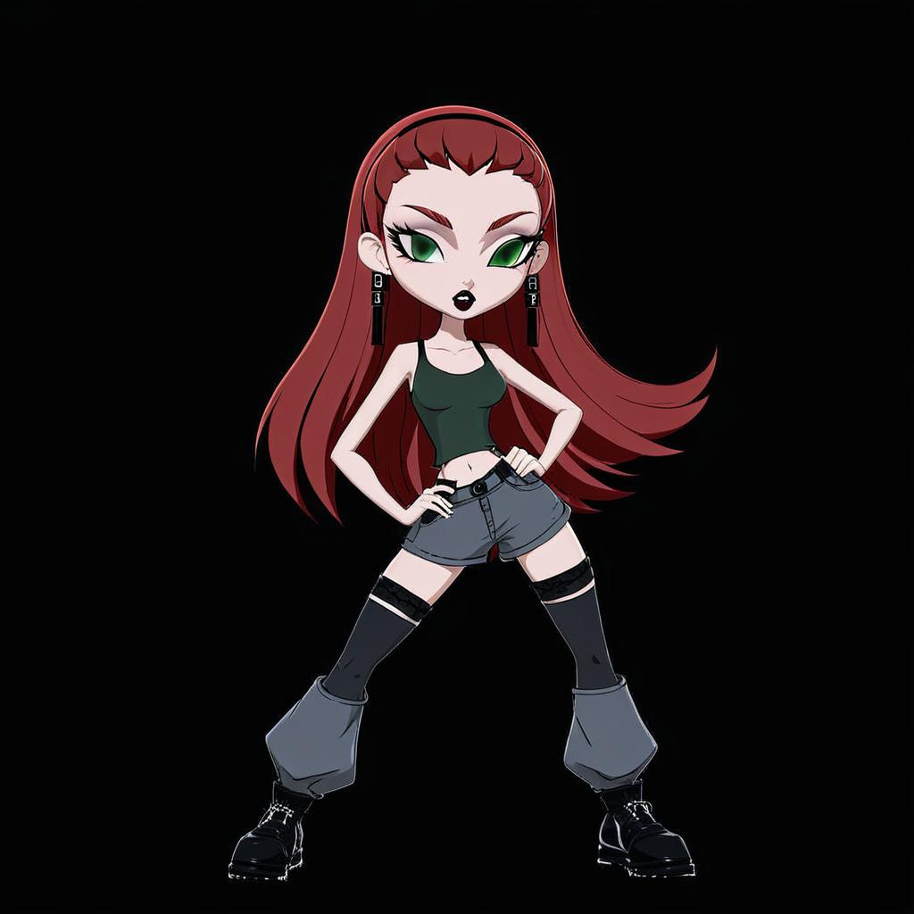 Dynamic Cartoon Character with Long Red Hair in Playful Action