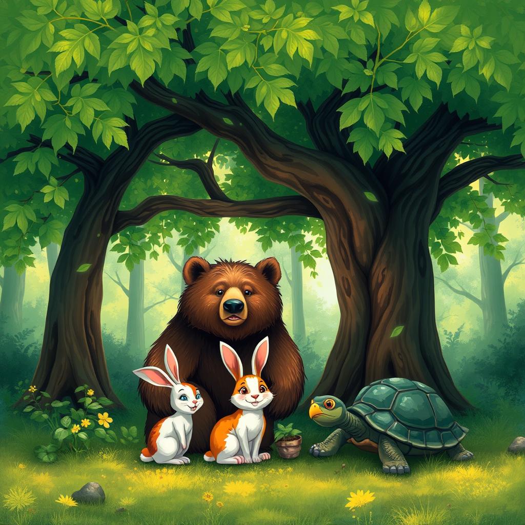 Tranquil Forest Gathering: Four Animals Under a Shady Tree