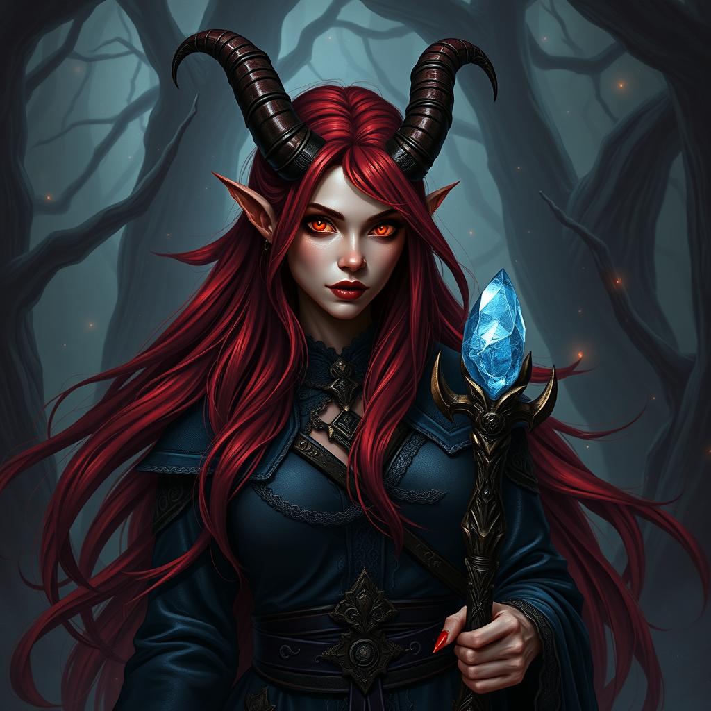 Mystical Tiefling Warlock: Dark Red Hair & Enchantment