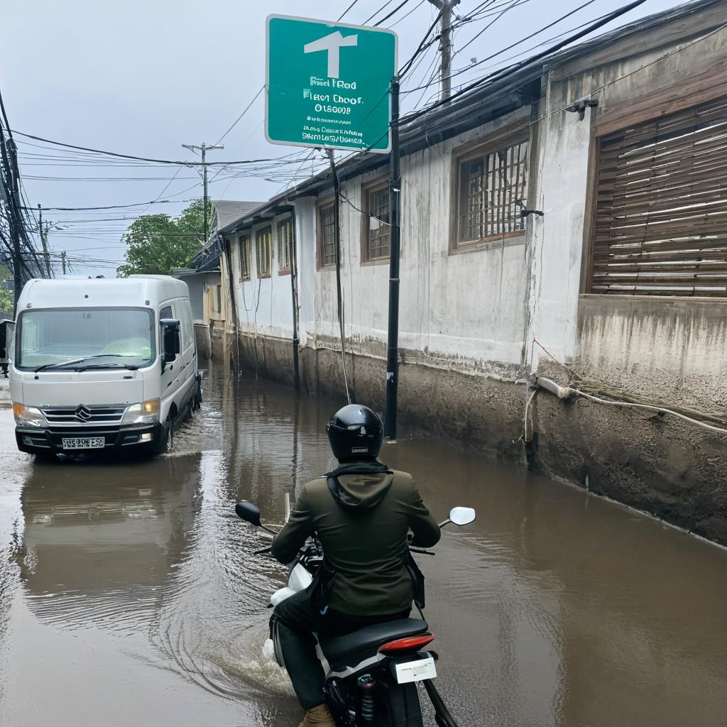 Dramatic Rainy Street Scene: Urban Flooding Captured in AI Art