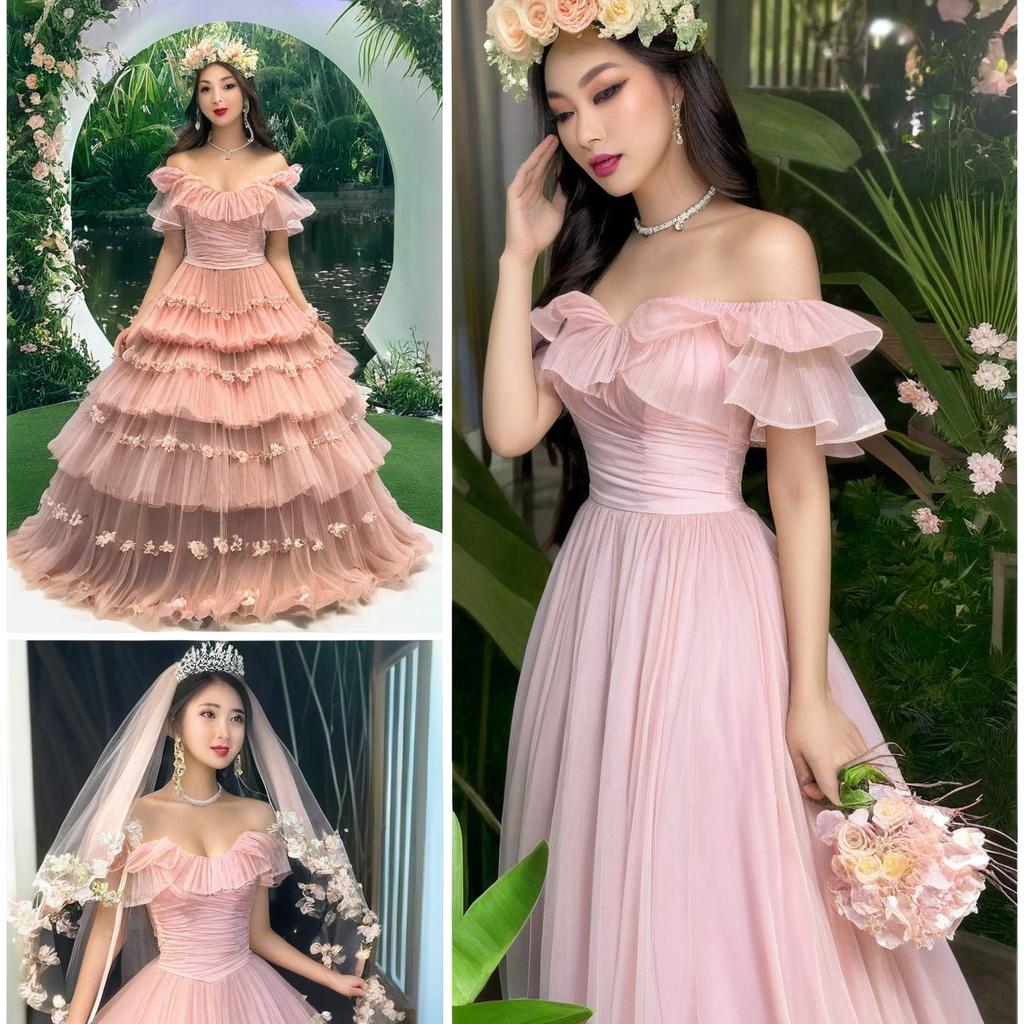 Enchanting Fairytale Look: Pink Tiered Dress in a Whimsical Garden