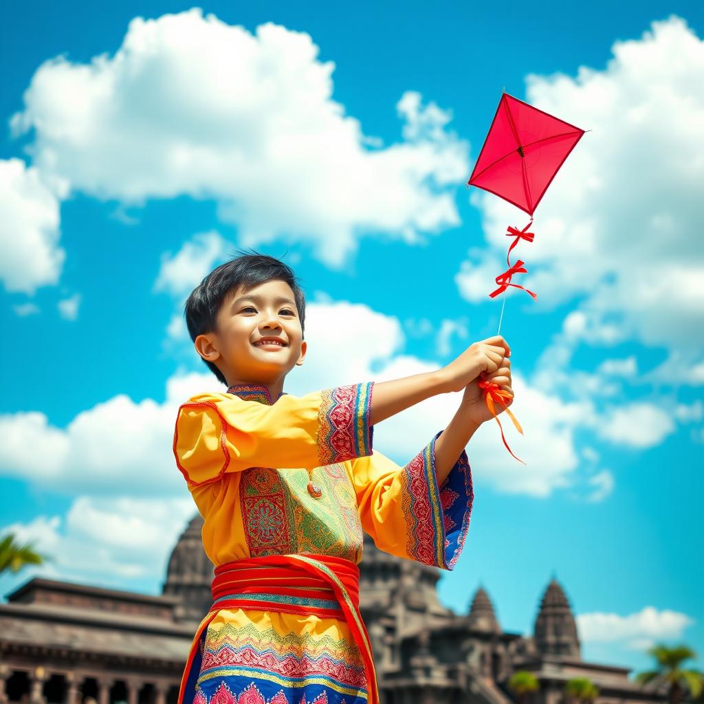 Joyful Khmer Boy Flying Kite at Angkor Wat