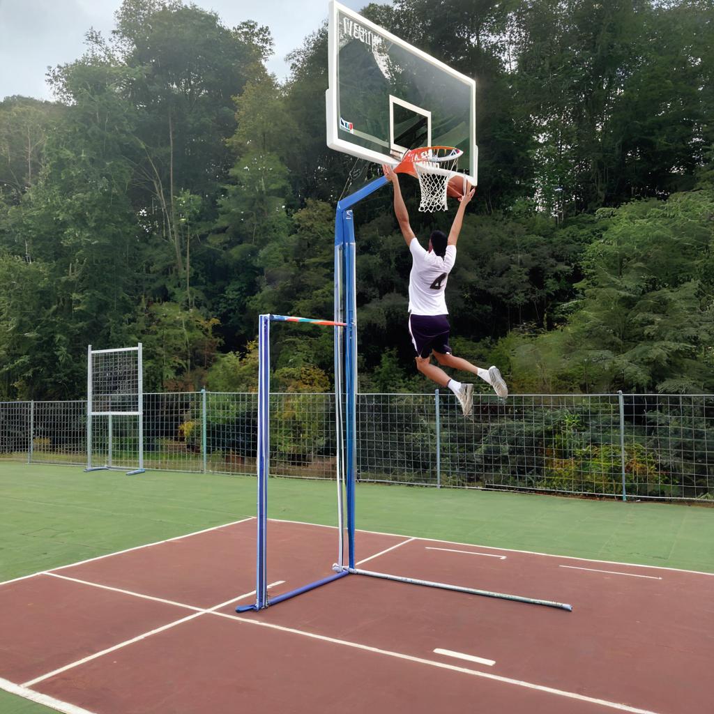 Dynamic Slam Dunk: A Basketball Player Soars Above the Rim