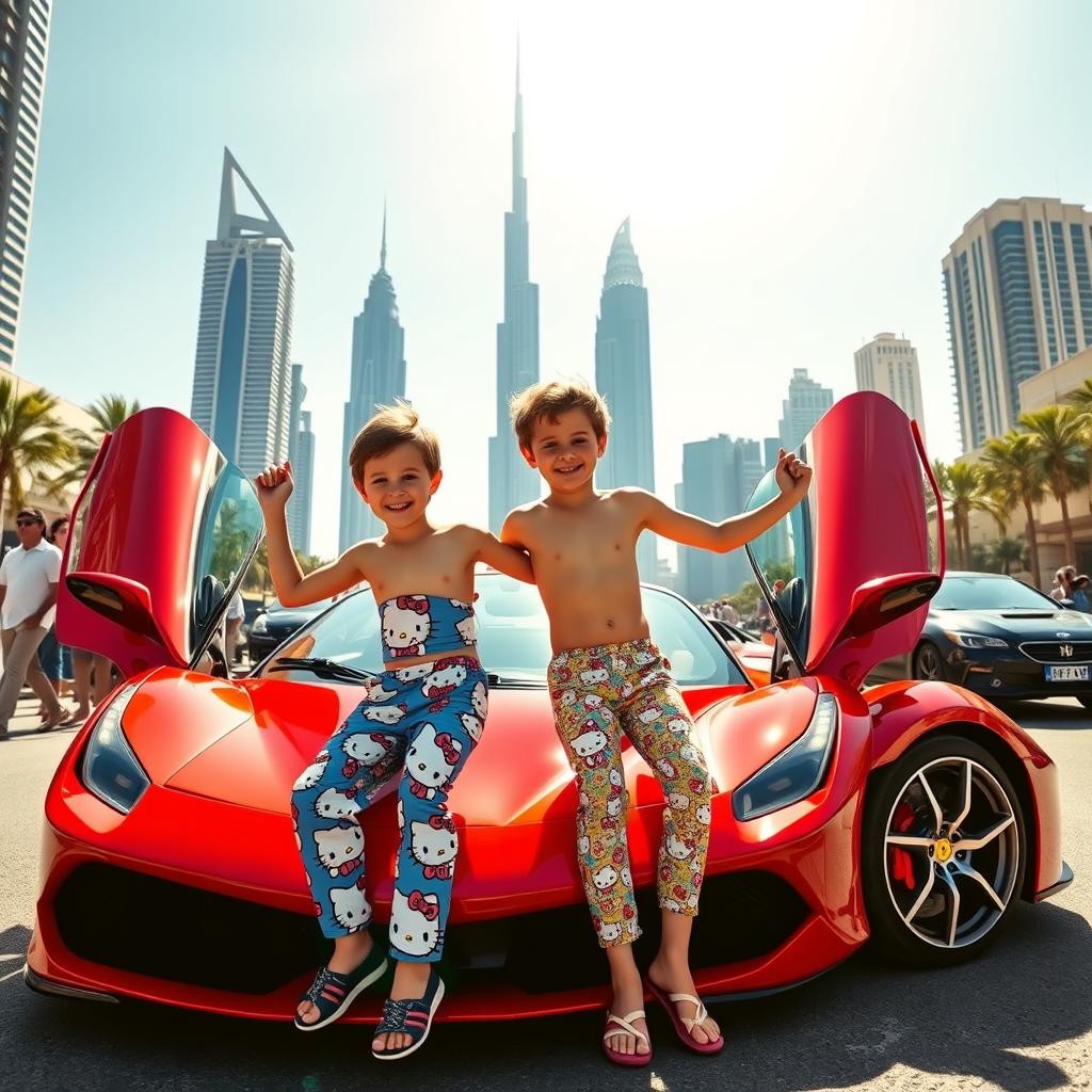 Vibrant Dubai Adventure: Boys in Hello Kitty Pants & Ferrari