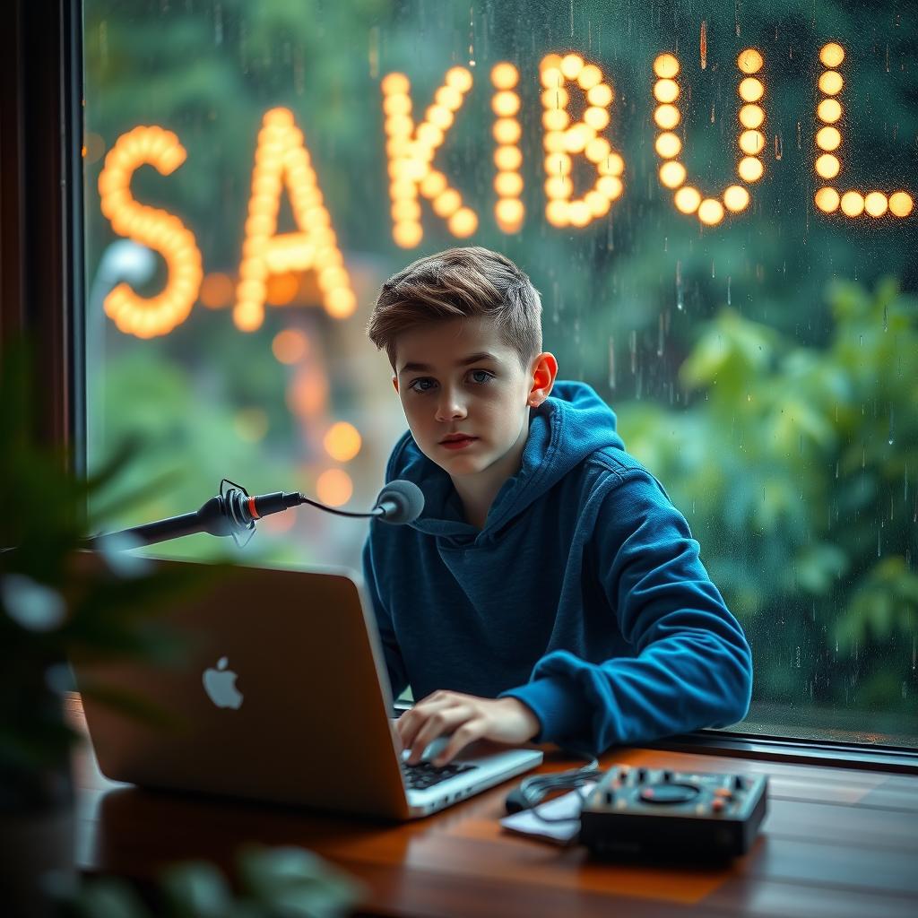 Cozy Capture: Boy Gaming by the Rainy Window
