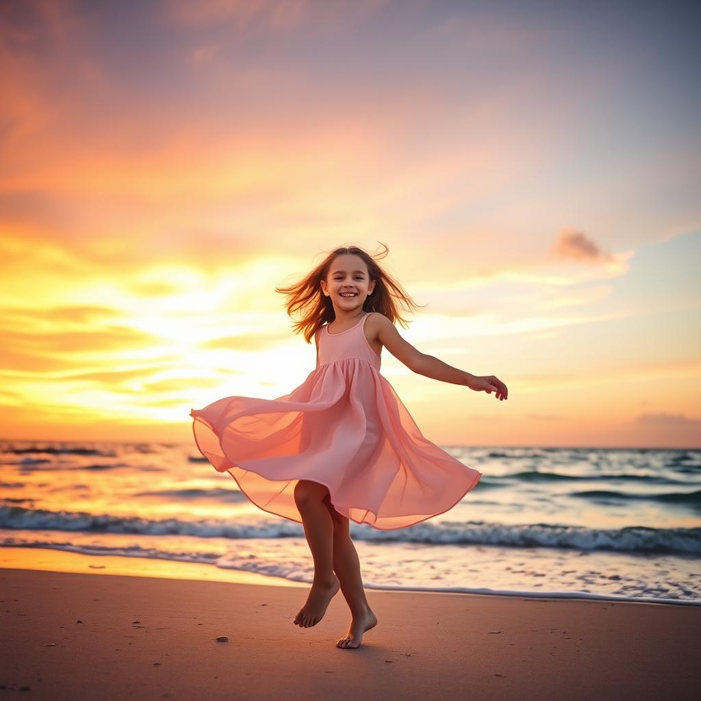 Embrace Joy: Girl Dancing on Sunset Beach