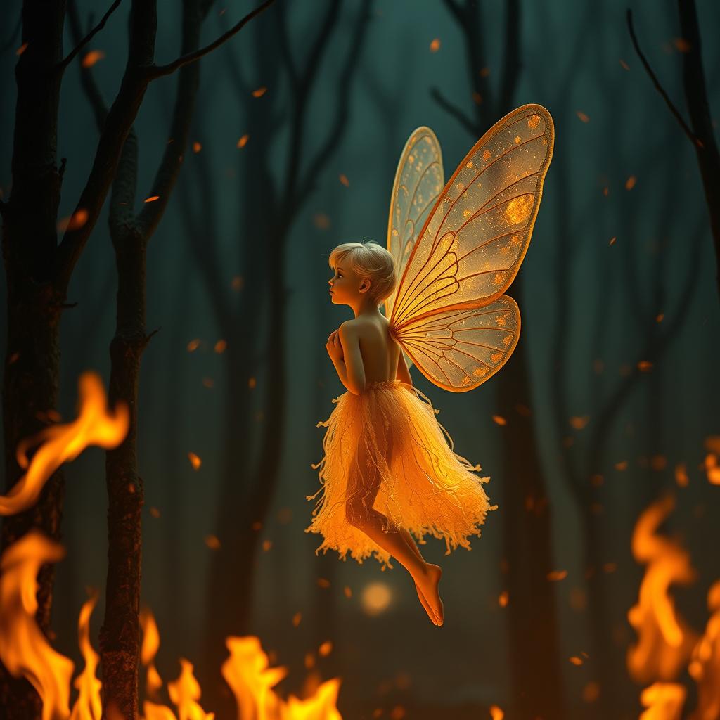 Ethereal Fairy Amidst a Burning Forest: A Hauntingly Beautiful Scene