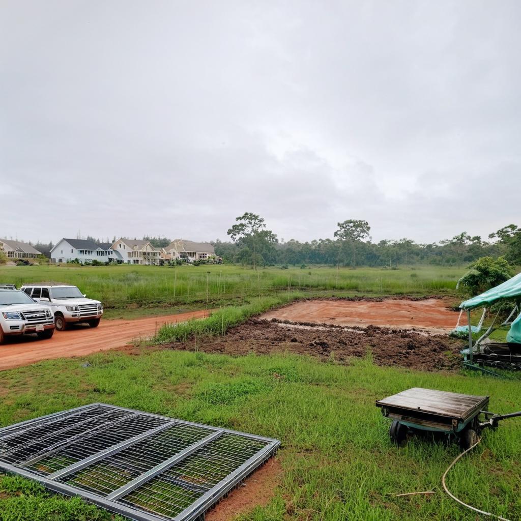 Tranquil Landscape with a Blue House Amidst Orange Soil