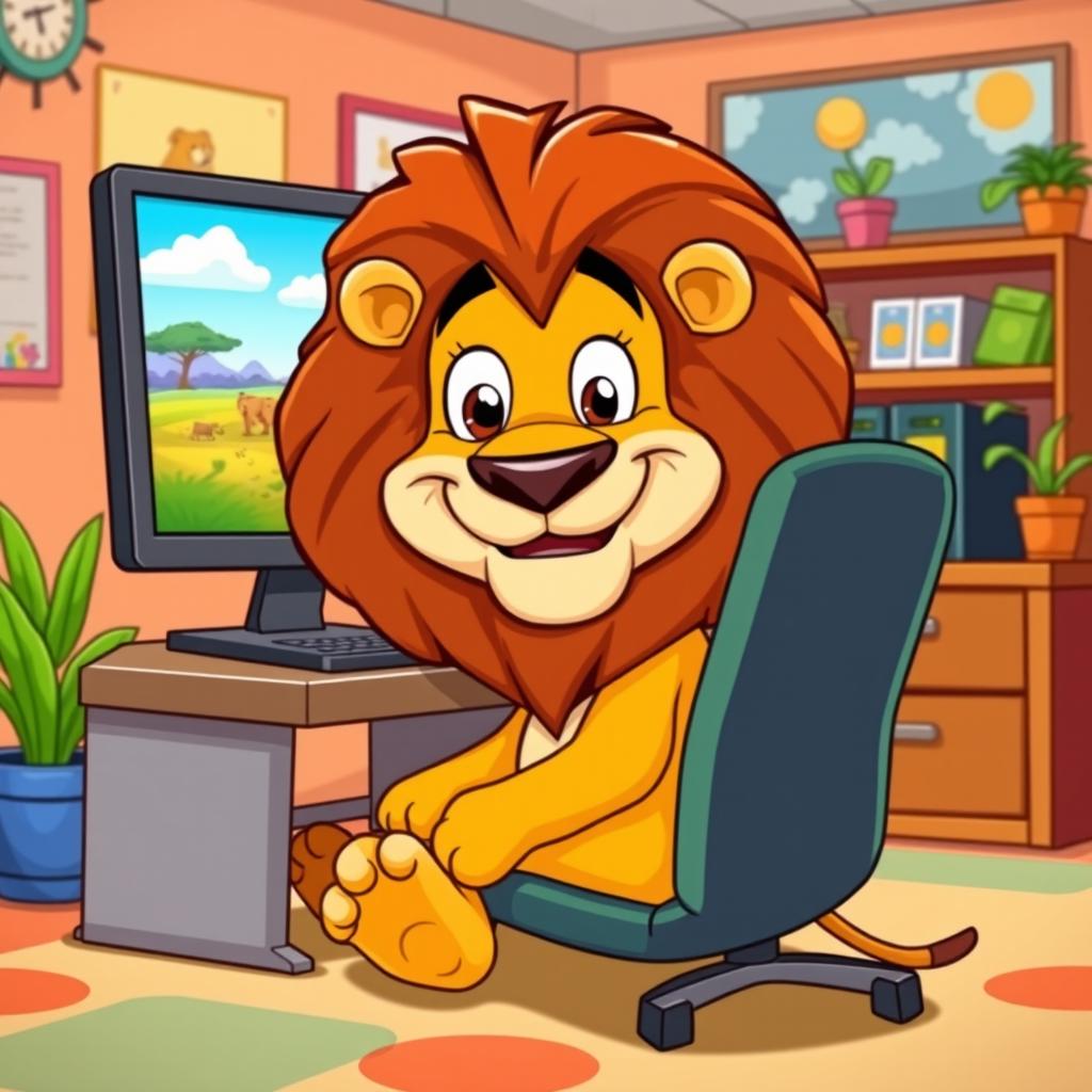 Curious Cartoon Lion at Work