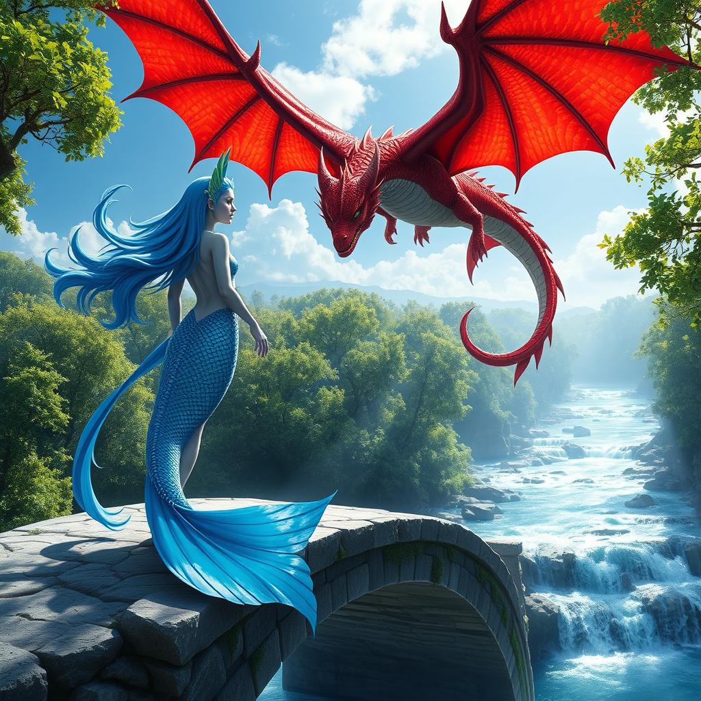 Graceful Blue Merfolk on a Stone Bridge