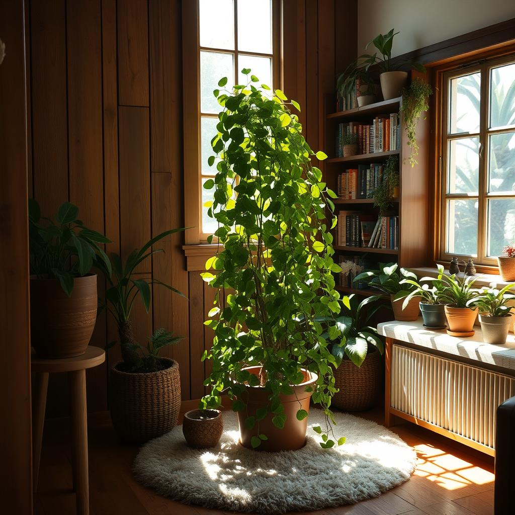 Charming Cozy Corner with Vibrant Green Creeper Plant