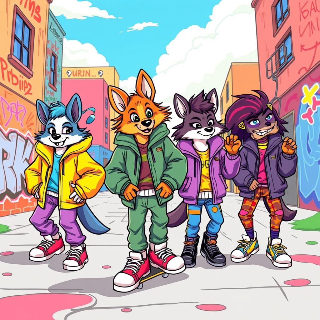 Colorful 90s Fashion Come to Life: Trendy Animals in a Vibrant Urban Scene