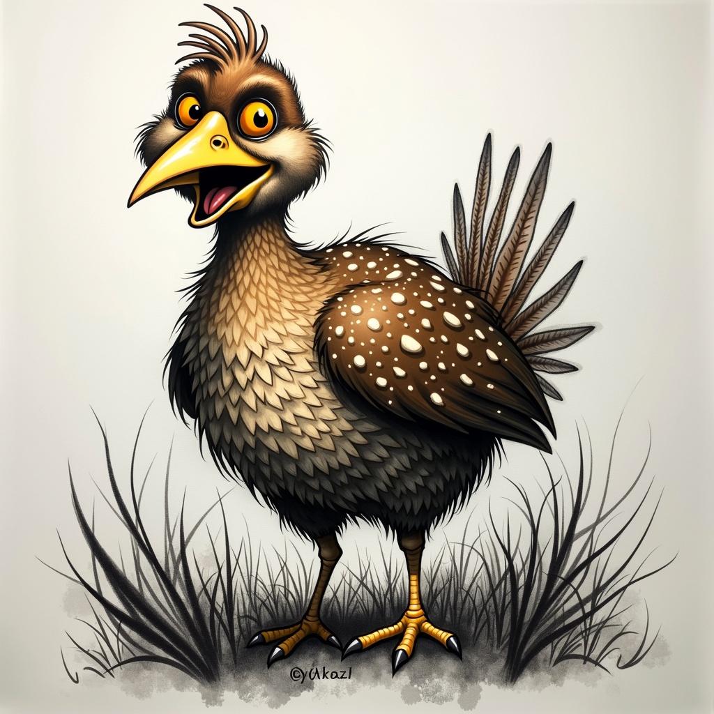 Weka Bird Mischief: A Charcoal Sketch Delight