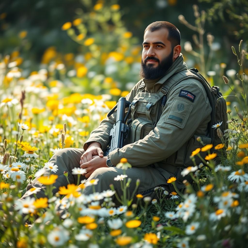 Grace in Combat: Iranian Soldier in Blooming Garden
