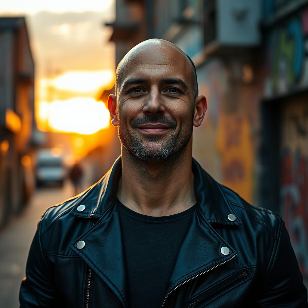 Urban Confidence: Bald Man in Leather Jacket