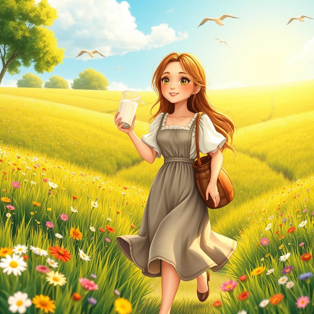 Enchanting Animation of a Joyful Milkmaid in a Vibrant Countryside