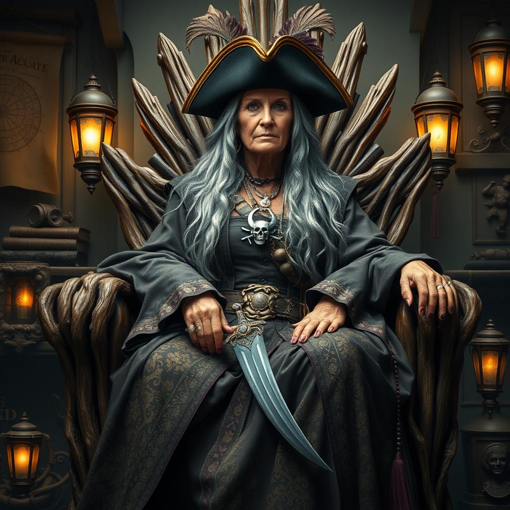Regal Pirate Queen on Driftwood Throne