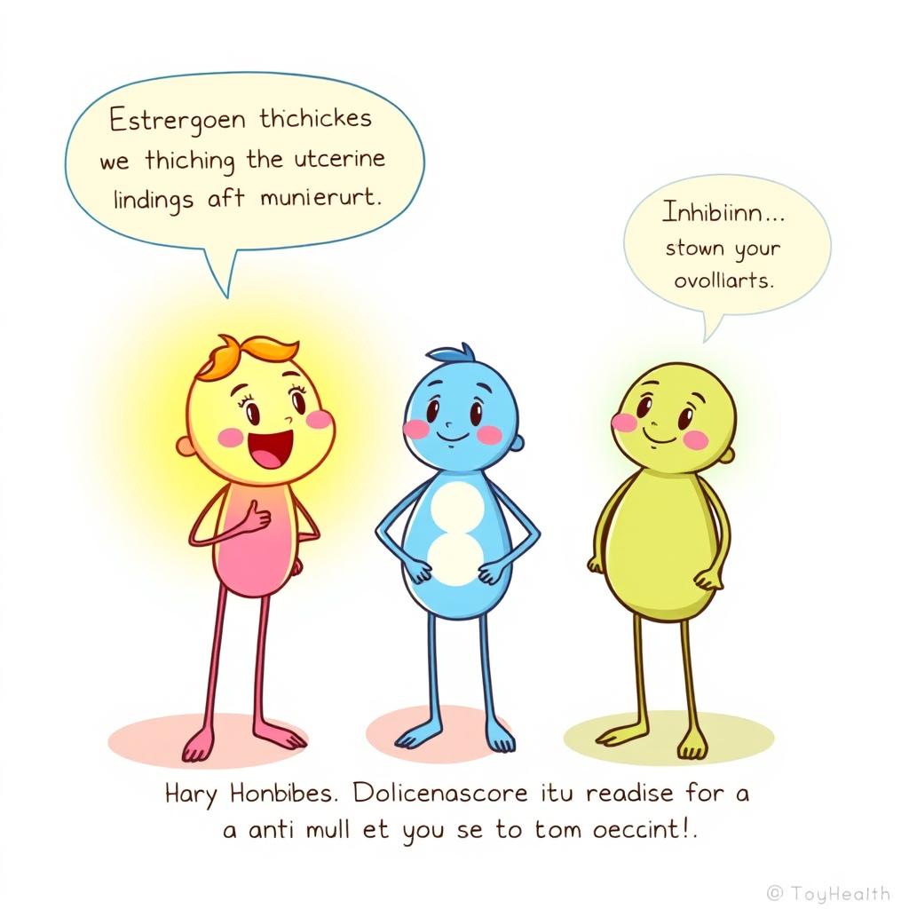 Vibrant Hormone Characters: Estrogen, Progesterone, and Inhibin Illustrated