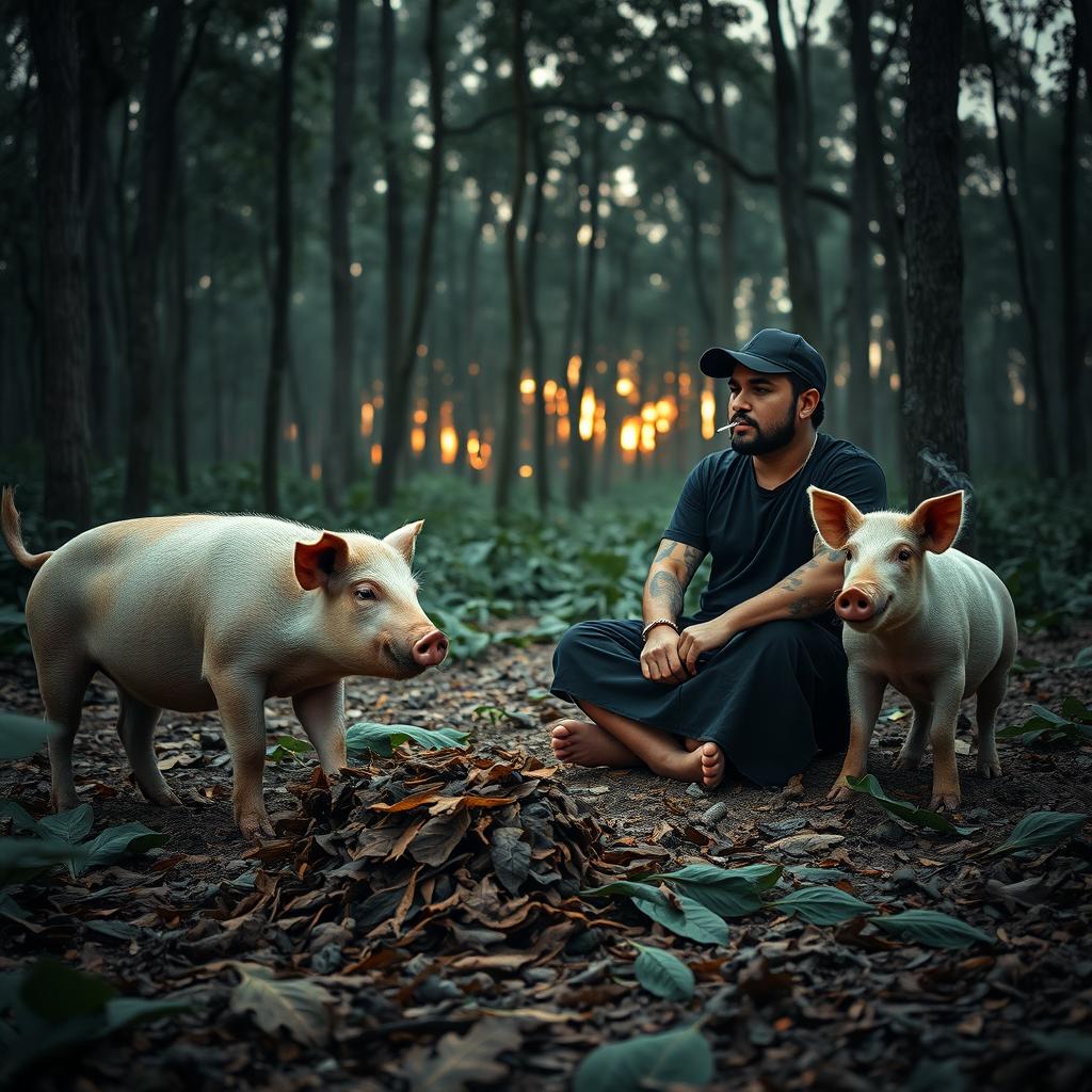 Whimsical Adventure: Three Pigs in a Dusk Forest