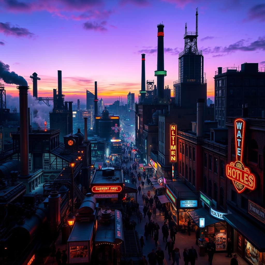 Explore a Neon-Illuminated Industrial Revolution Cityscape