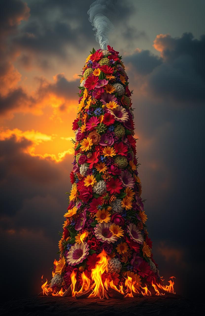 Surreal Floral Tower with Dancing Flames