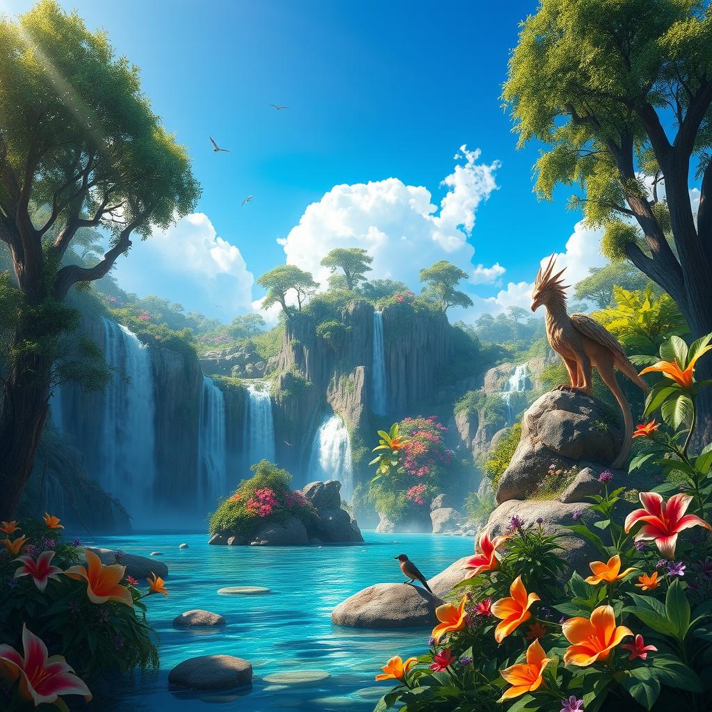Enchanting Fantasy Landscape: Waterfall & Lagoon
