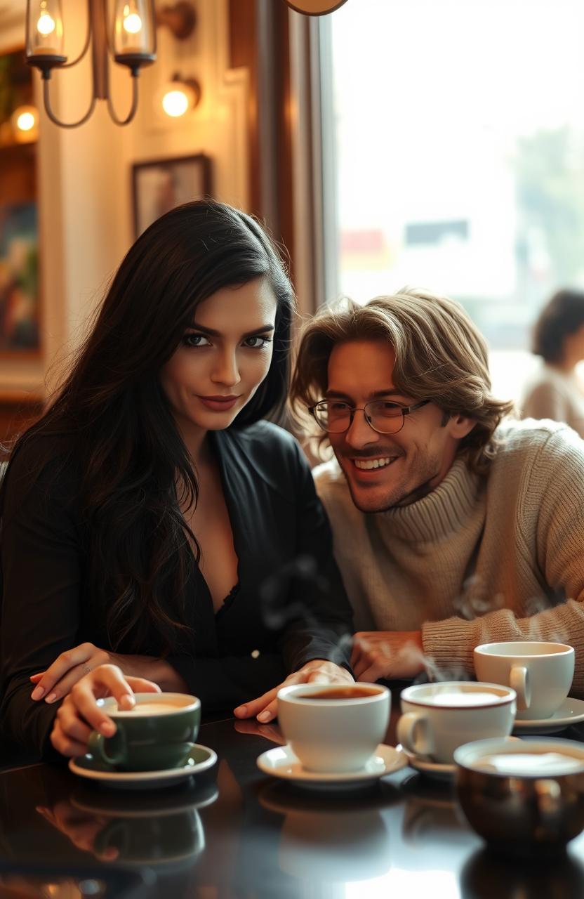 Dynamic Cafe Encounter: Strong Woman Meets Gentle Man
