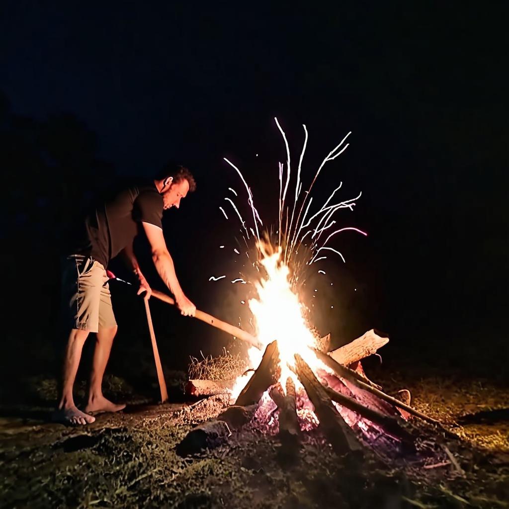 Vibrant Nighttime Campfire Scene: Flames, Warmth, and Nature