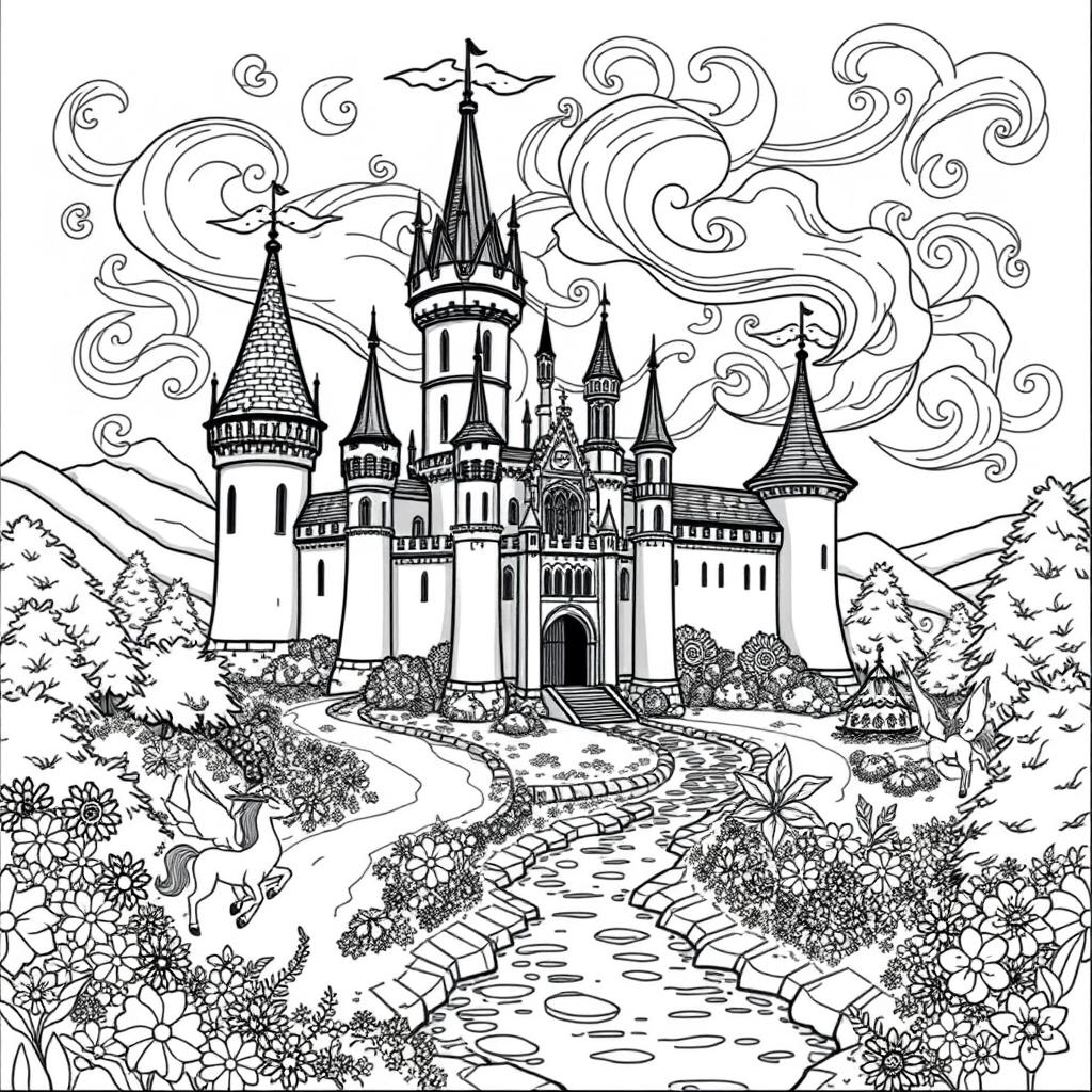Color Your Dreams: Enchanted Castle in a Fantasy Landscape