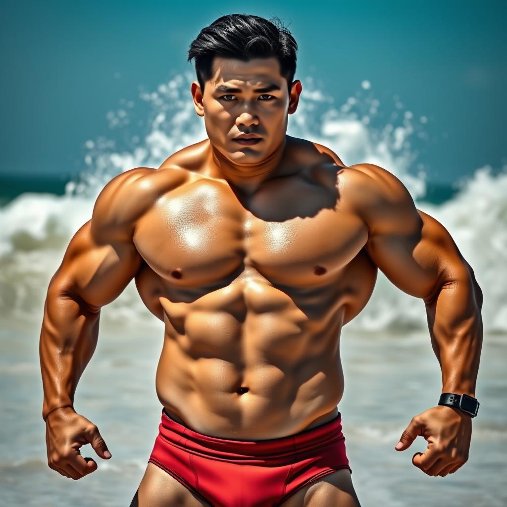 Impressive Beach Muscles: AI-Generated Image of a Strong Chinese Man
