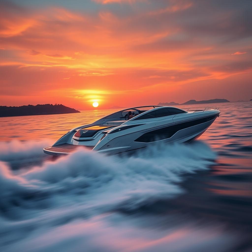 Racing the Waves: Modern Speedboat at Sunset