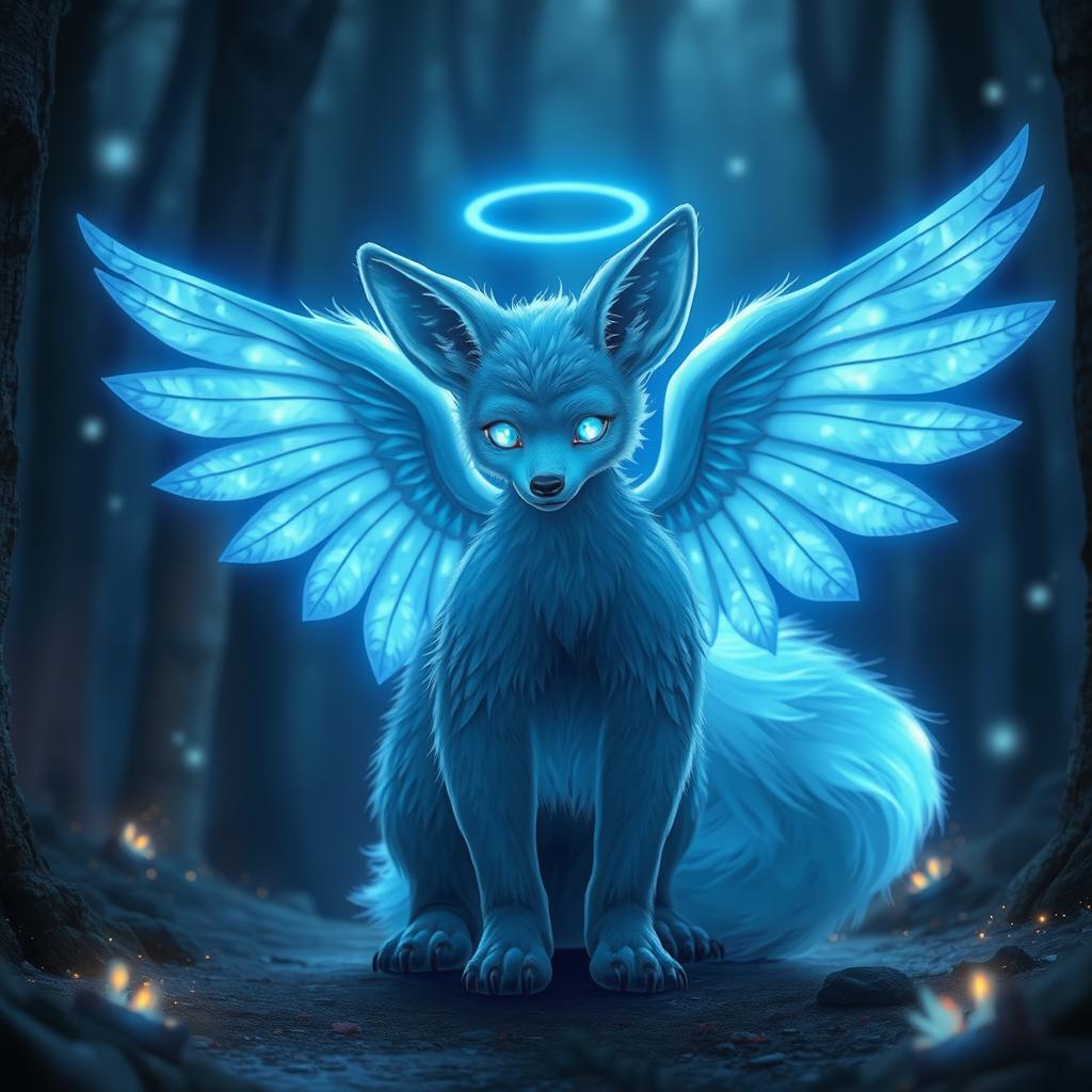 Celestial Fusion: The Glowing Blue Angelic Beast
