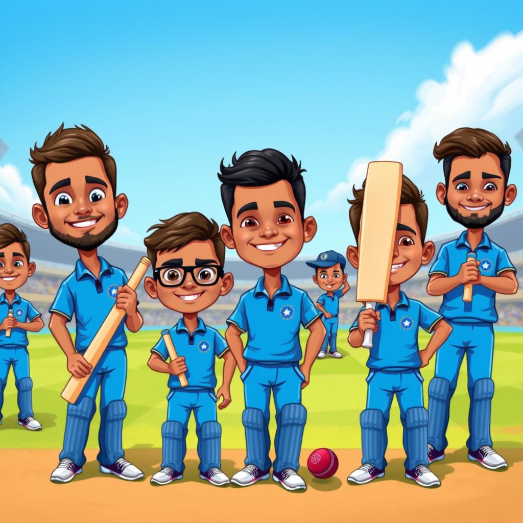 Playful Chibi Indian Cricketers in Blue Jerseys