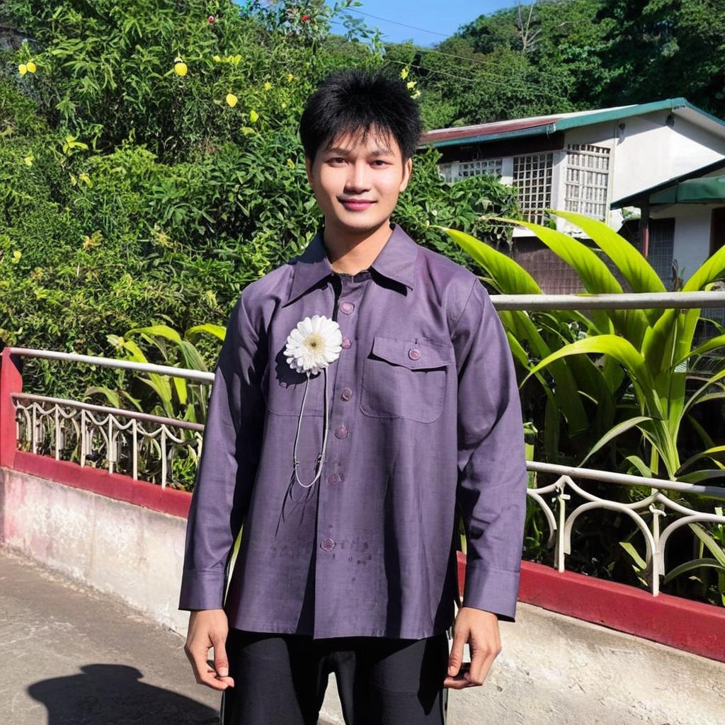 Traditional Elegance: Young Man in Purple Barong Tagalog Outdoors