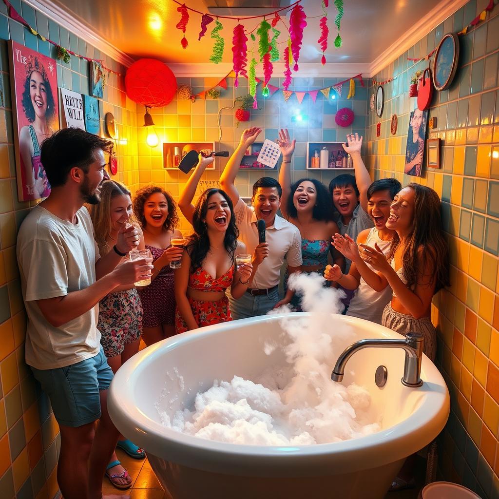 Vibrant Bathroom Party: Joy and Music in Full Swing