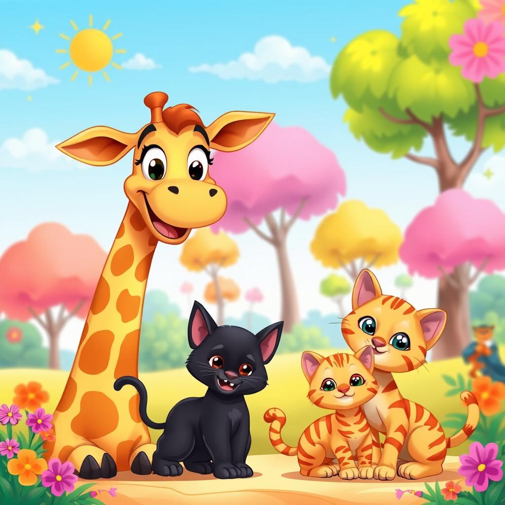 Whimsical Cartoon Adventure: Giraffe and Cats