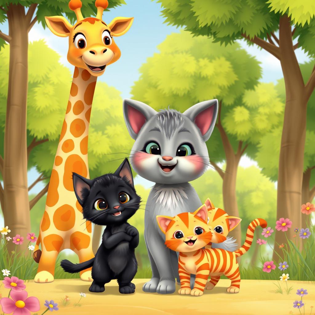 Whimsical Harmony: Giraffe and Kittens