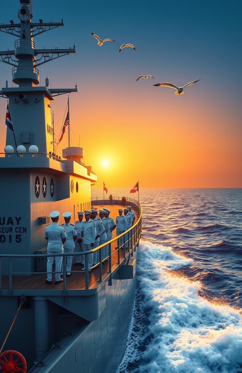 Majestic Navy Ship Sailing at Sunset