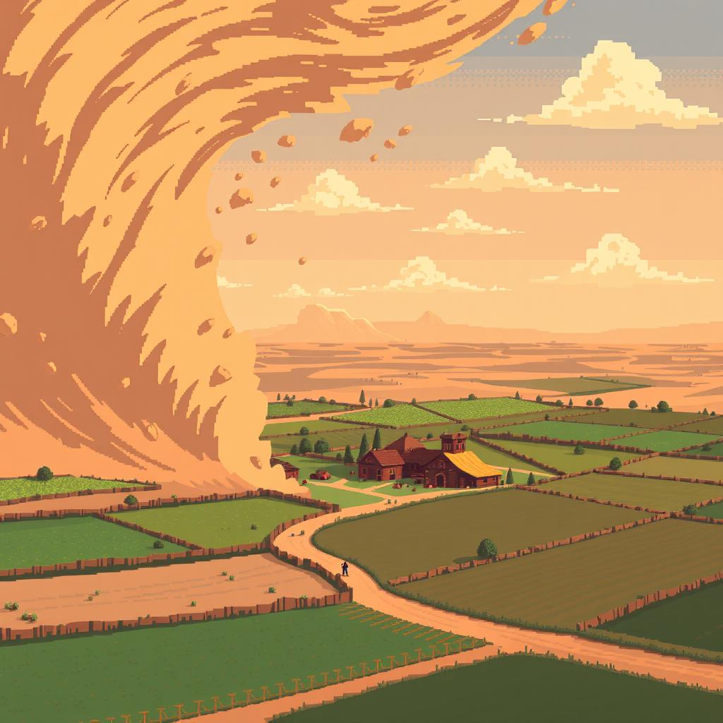 Charming Pixel Art Village with Approaching Sandstorm
