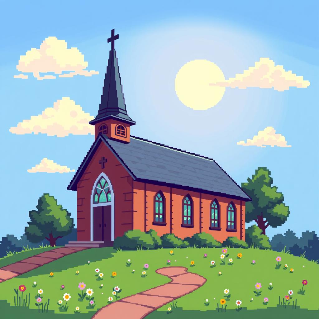 Charming Church in Vibrant Pixel Art